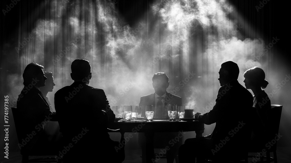 Black and white illustration of a secret meeting, a group of business ...