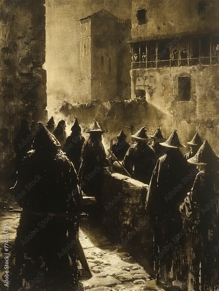 Illustrate the fervor of religious zeal with a scene depicting ...