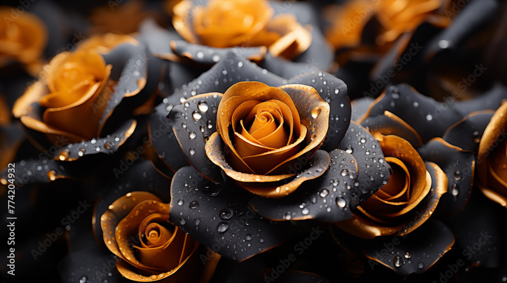 Roses noires et dorées. Matière et texture. Arrière-plan de flou ...