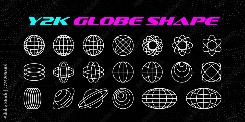 Y2K geometric globes with orbital lines, vector contour shapes for ...