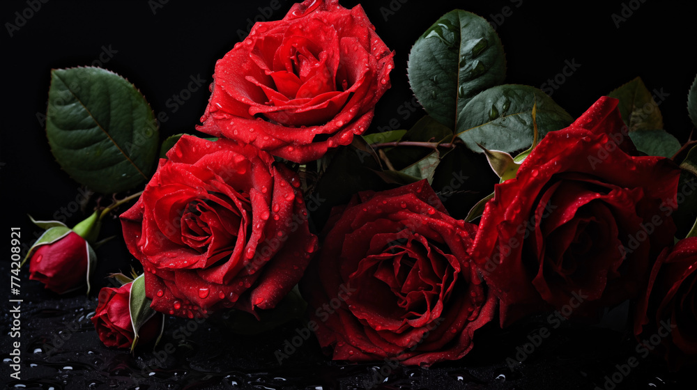 Bouquet de belles roses rouges sur un fond noir. Gros plan zoom. Fleurs ...