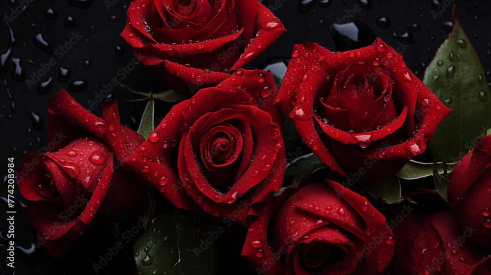 Bouquet de belles roses rouges sur un fond noir. Gros plan zoom. Fleurs ...