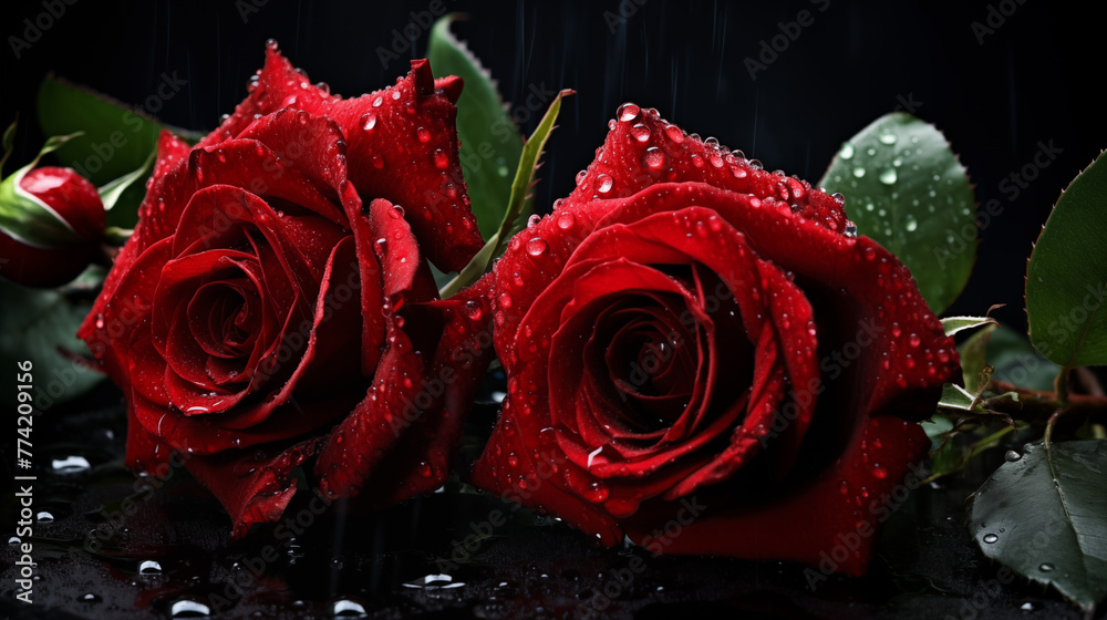 Bouquet de belles roses rouges sur un fond noir. Gros plan zoom. Fleurs ...