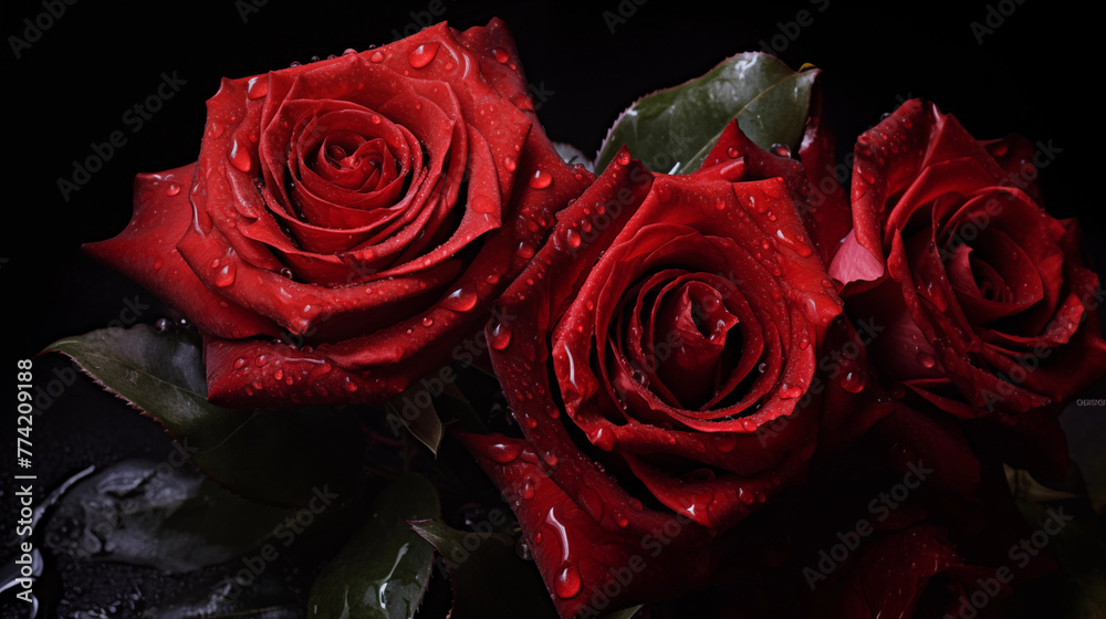 Bouquet de belles roses rouges sur un fond noir. Gros plan zoom. Fleurs ...
