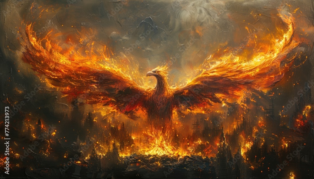 A fiery bird is flying through a sky filled with clouds and fire by AI ...