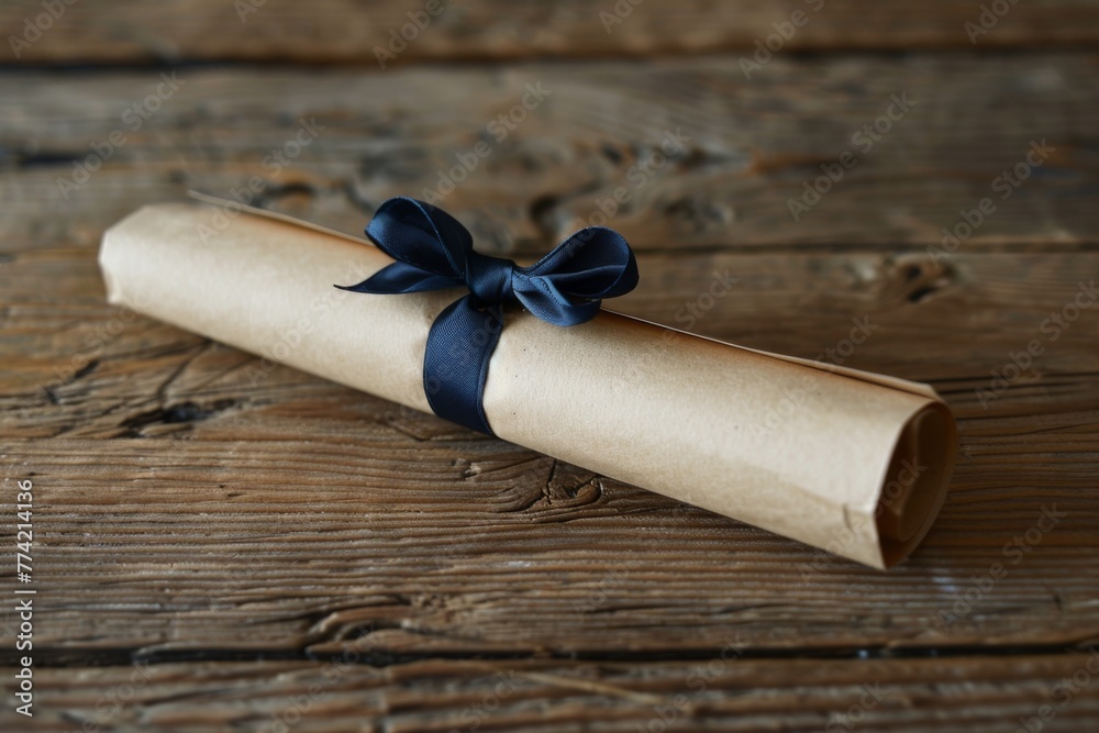 A decorative sticker featuring a rolled parchment tied with a ribbon ...