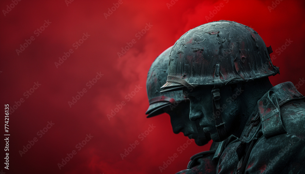 Statues of soldiers in helmet against a somber red background, concept ...