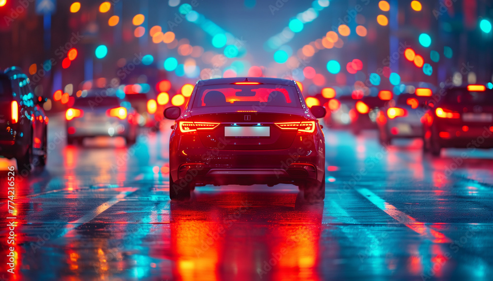 Red car driving on a city street at night with vibrant bokeh lights ...