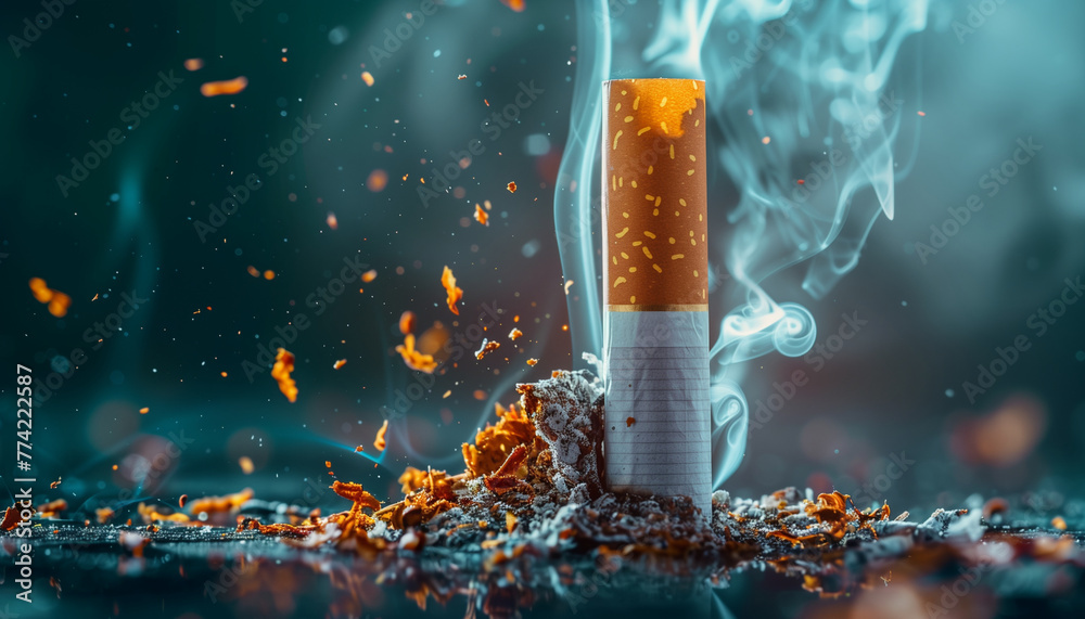 Extinguished cigarette with smoke and embers on a textured surface ...