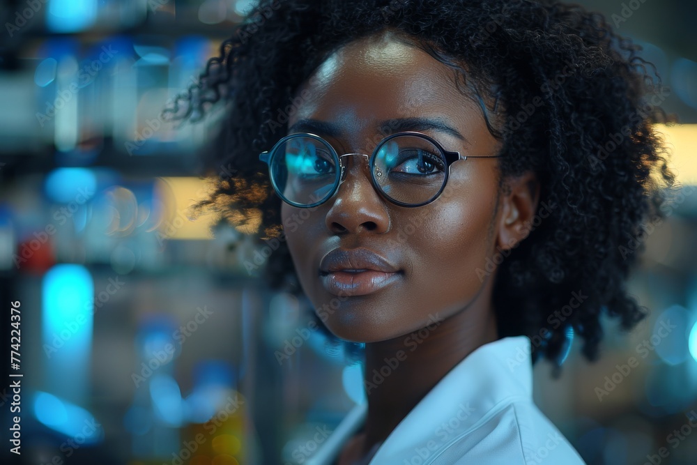 Professional black female scientist with glasses in a futuristic ...