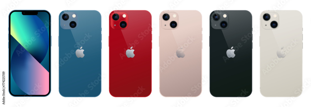Set of Smart phone Apple iPhone 13 in front and back sides, in official ...