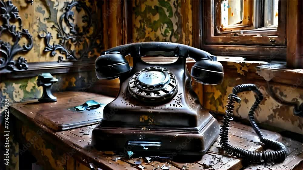 A retro rotary dial telephone sits on a wooden desk with intricate ...