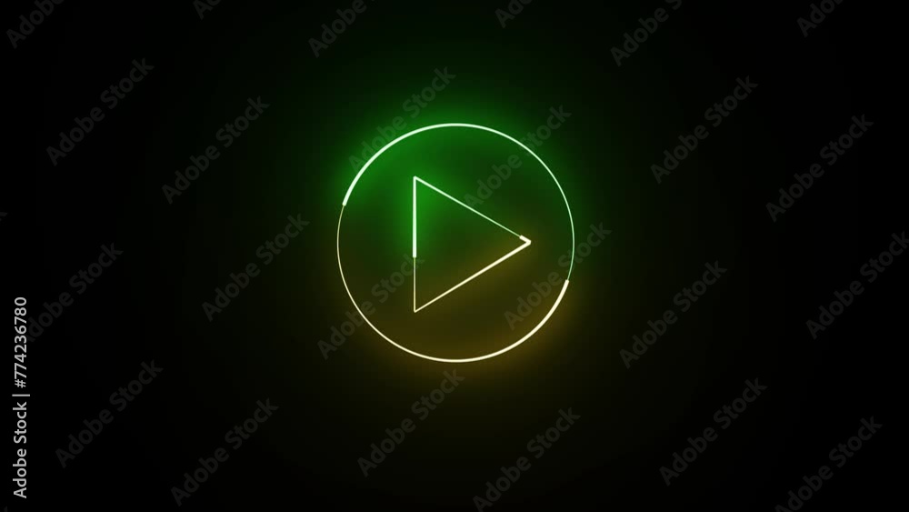 Neon glowing Play button animation on black background. Play button ...