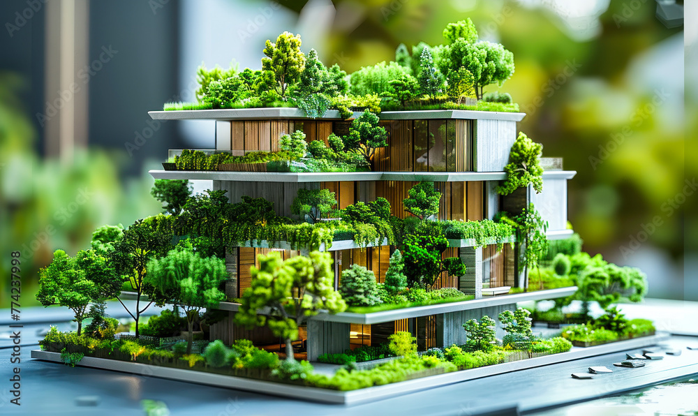 Sustainable architecture concept: Green building model, lush vegetation ...