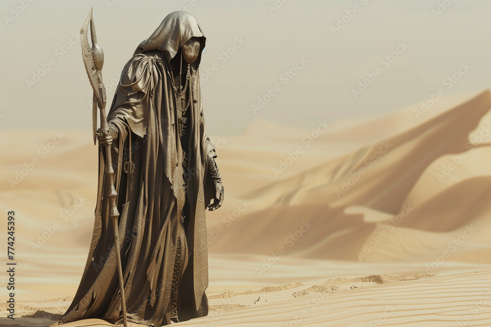 Robotic Desert Lich Wanderer in Cloaked Attire Standing Desert Dune ...