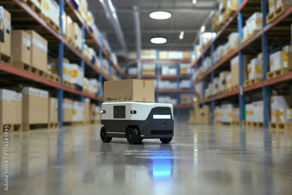 Robots transport boxes in a warehouse, robots carry cartons in a ...