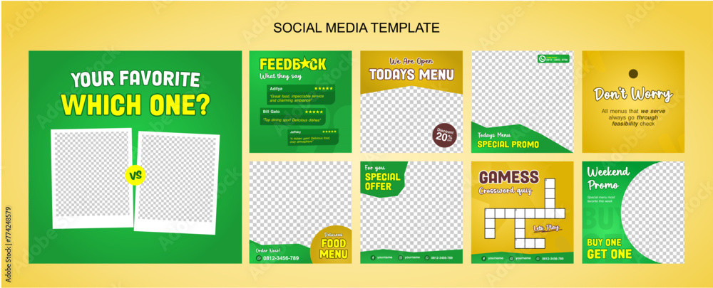 Set of Editable square feed. Food instagram post template design. For ...