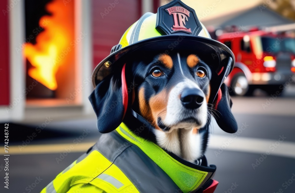 Portrait of a dog in a firefighter uniform with a fire truck in the ...