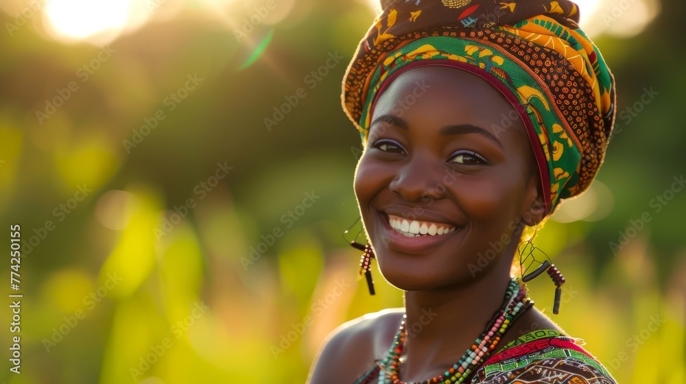 Close-up photo of a smiling young African woman wearing vibrant ...
