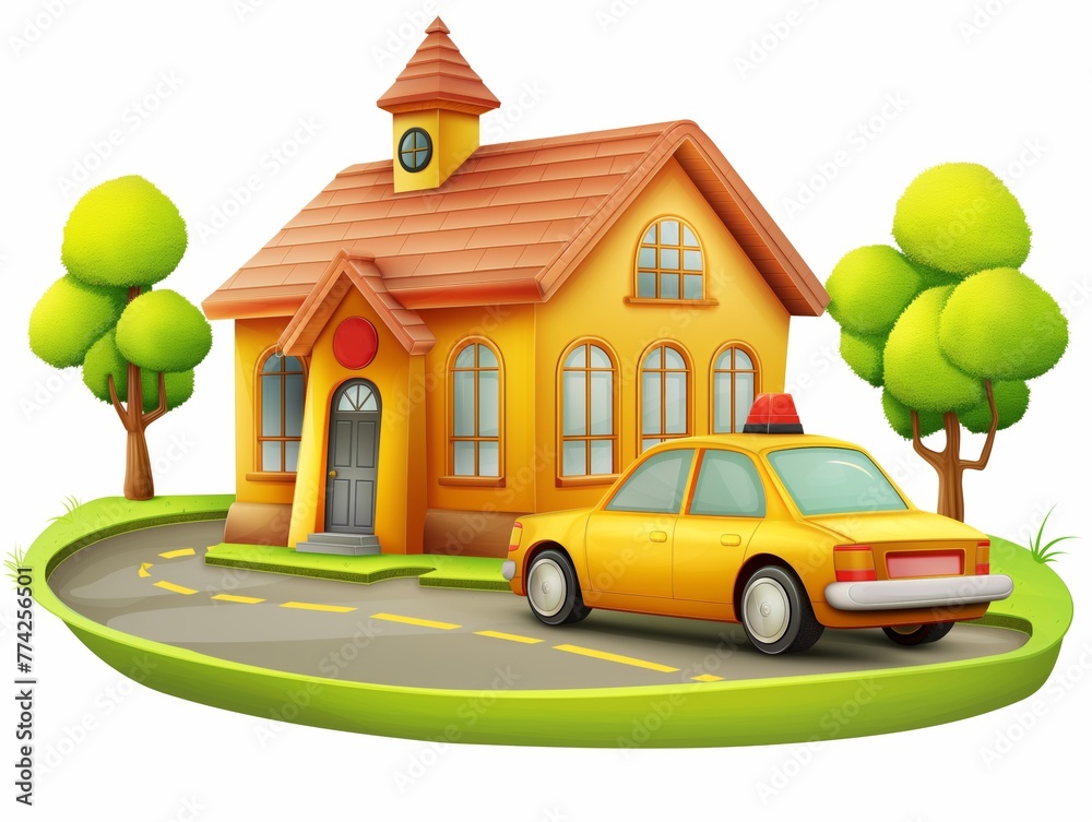 Driving school building illustration with parked car, isolated on white ...