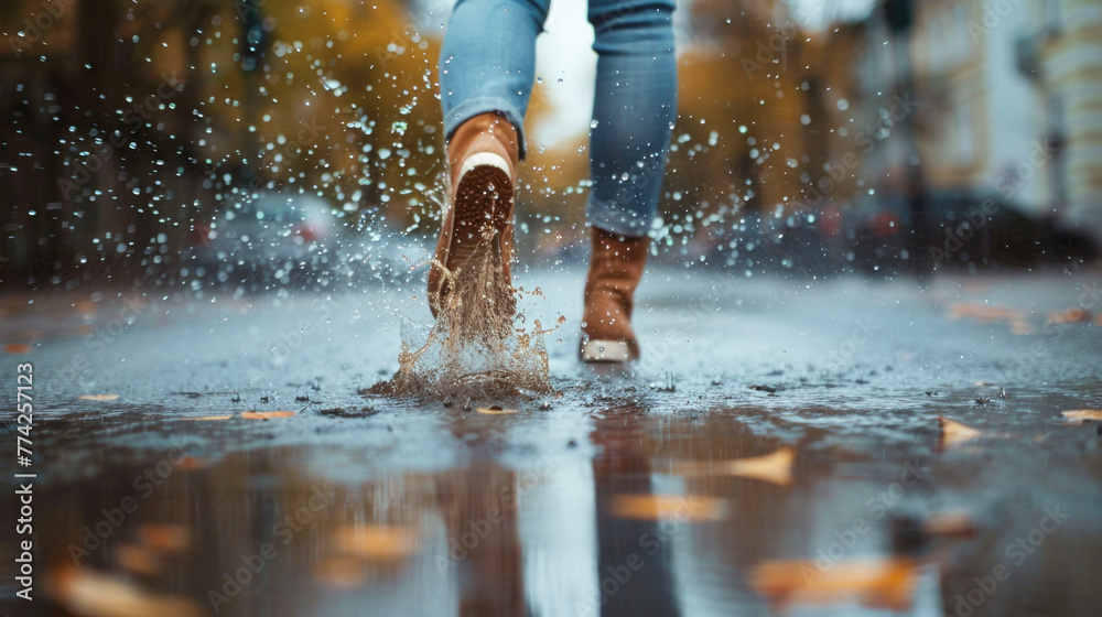female is splashing water in a puddle on a rainy day in the city. Legs ...