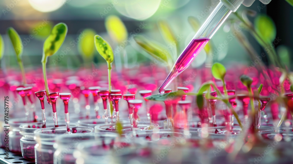 Pipette adding sample to stem cell cultures growing in pots, Used to ...