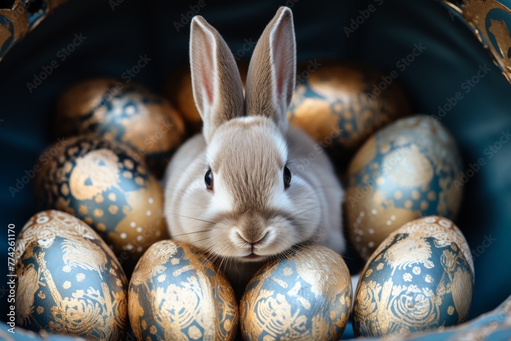 cute bunny with colorful easter eggs in different shades and textures ...