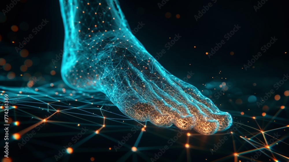 Glowing hologram of human feet 3D with bone structure with dark ...