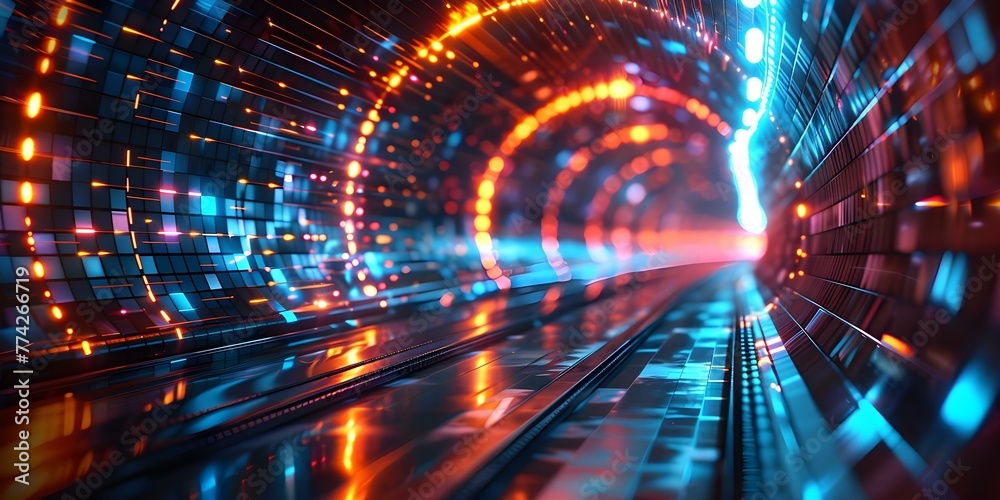 Blurred digital data flow representing fast speed transfer in future digital transformation and ...