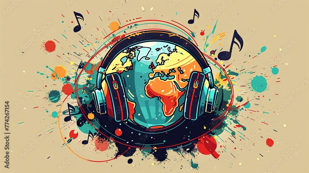 The Earth, adorned with colorful headphones, is surrounded by music ...