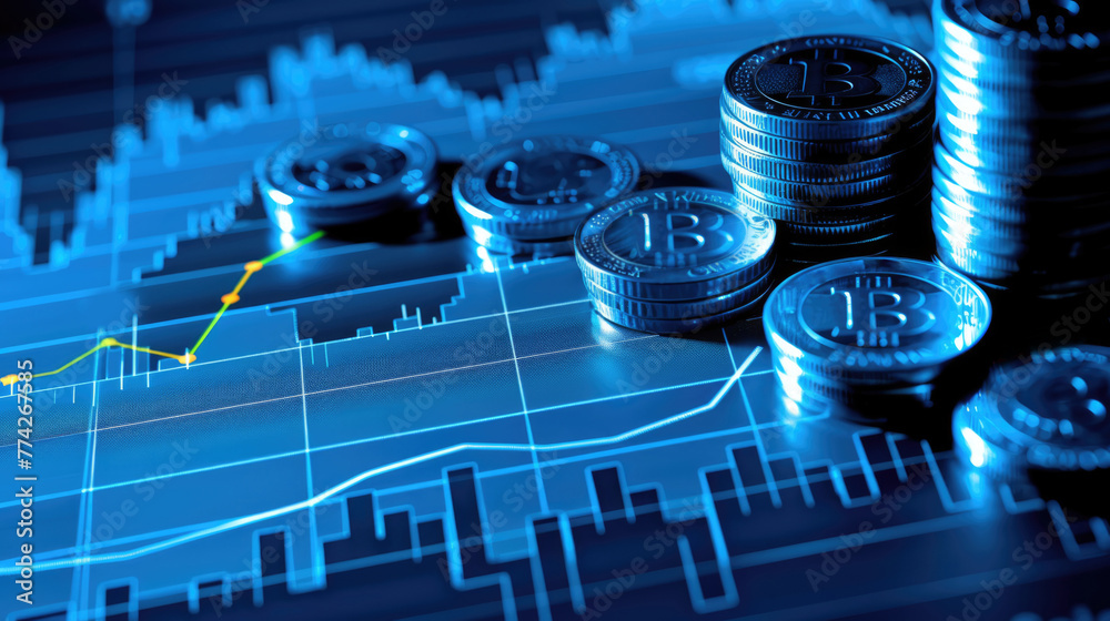 Stack of coins and a graph chart illustrating upward growth. Background ...
