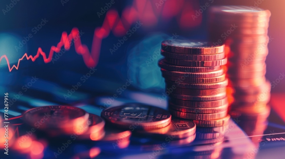 Stack of coins and a graph chart illustrating upward growth. Background ...