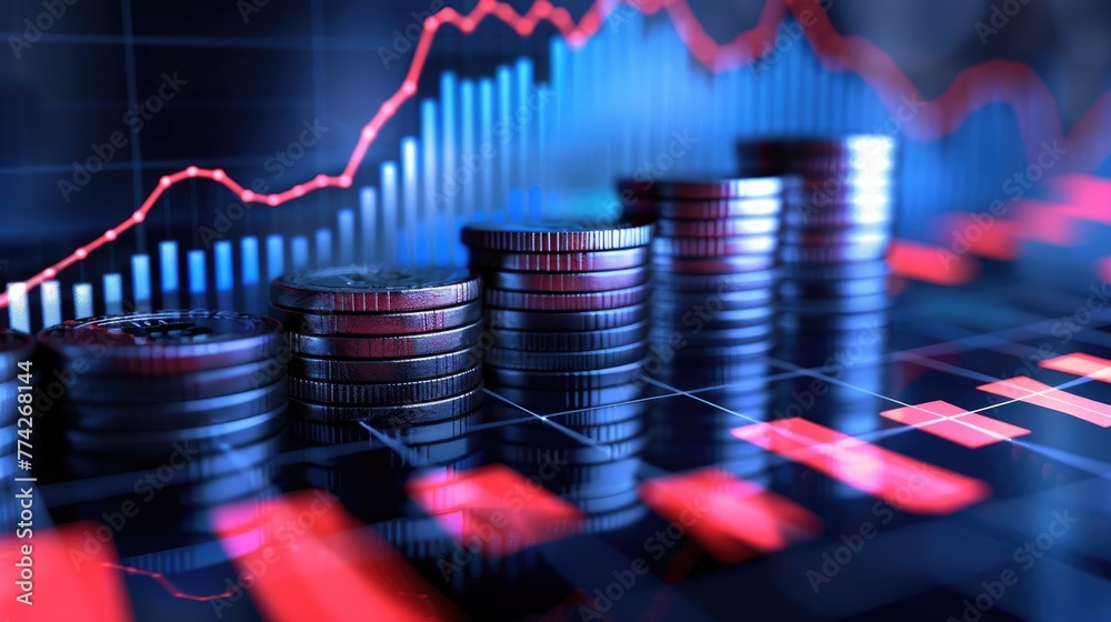 Stack of coins and a graph chart illustrating upward growth. Background ...