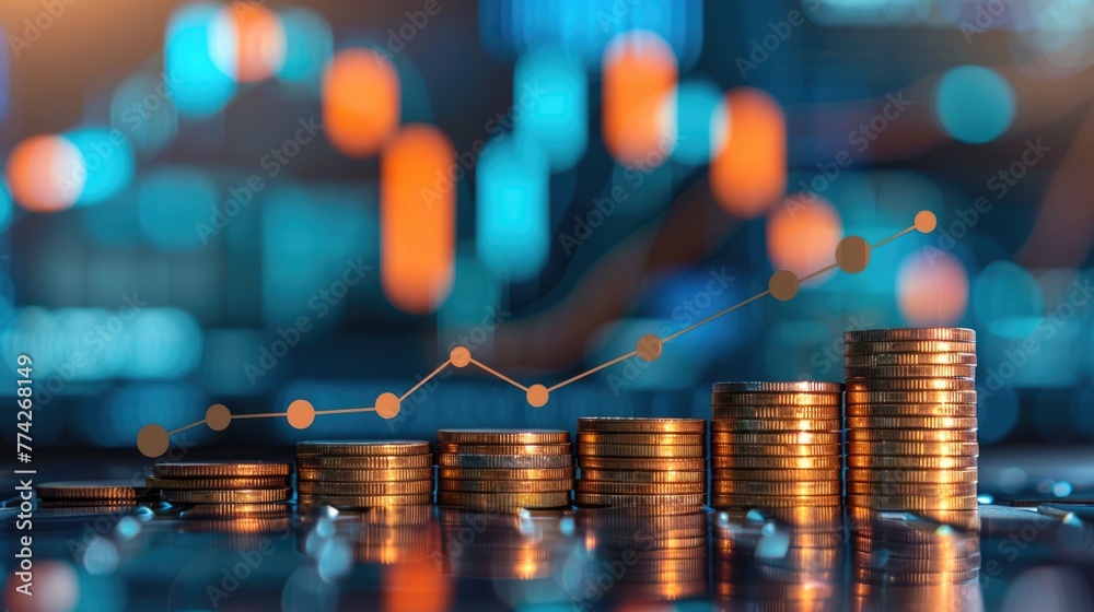 Stack of coins and a graph chart illustrating upward growth. Background ...