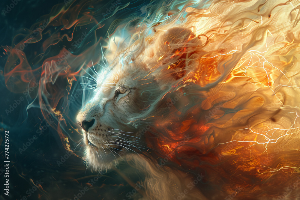 Generate an abstract lion cub portrayed as a mythical creature, with ...