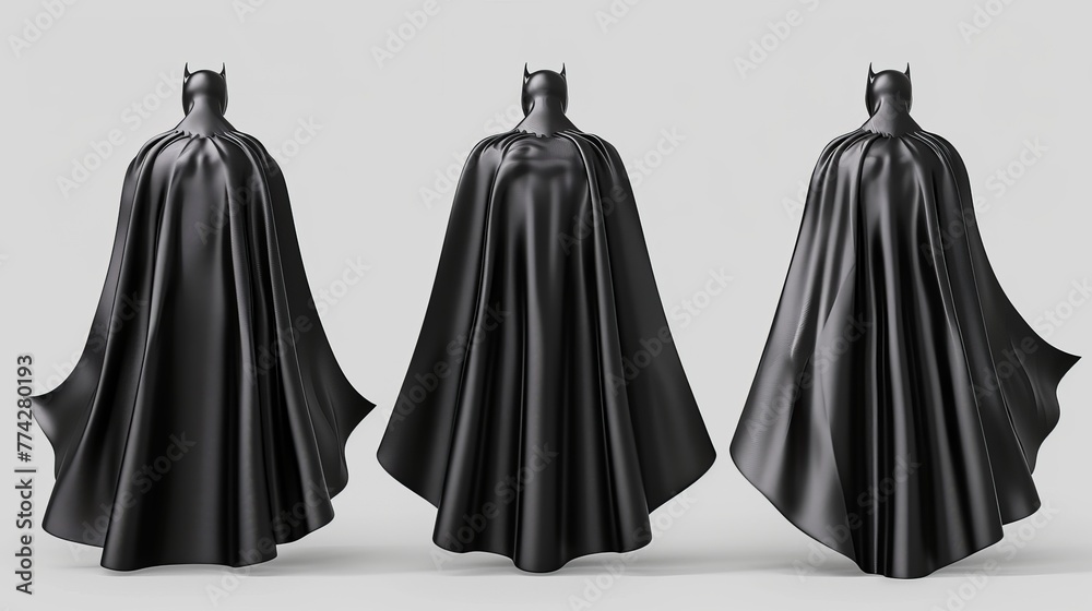 Black cape superhero in various poses—front, side, and back—against a ...