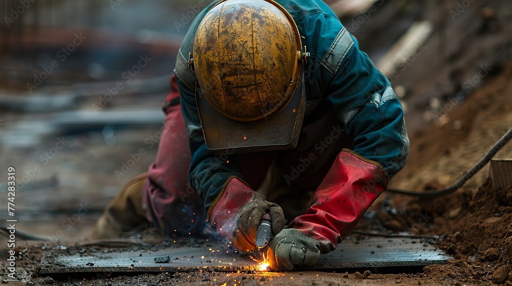 While starting hot work gouging metal plate on the ground surface ...