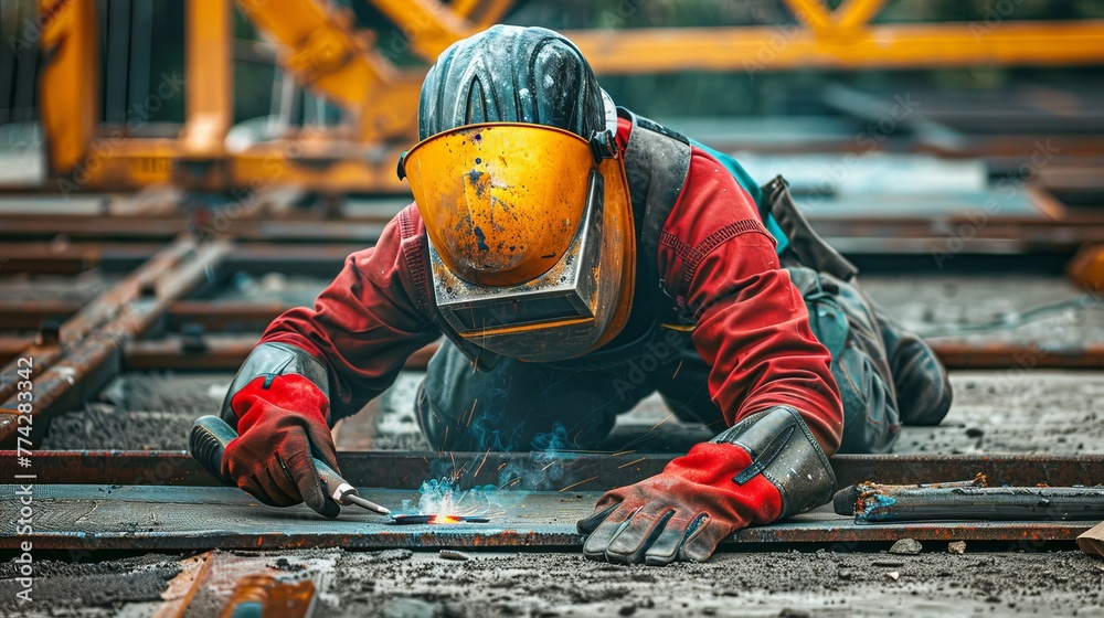 While starting hot work gouging metal plate on the ground surface ...