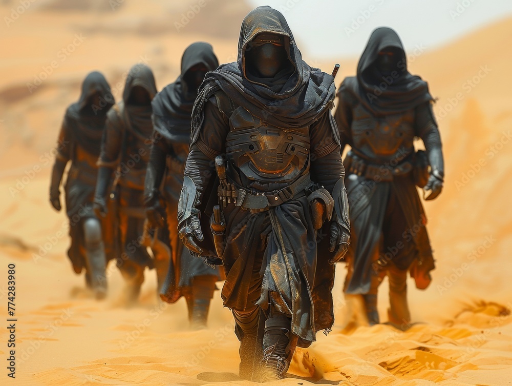 Tense portrayal of an armored squad navigating through desert dunes, a ...
