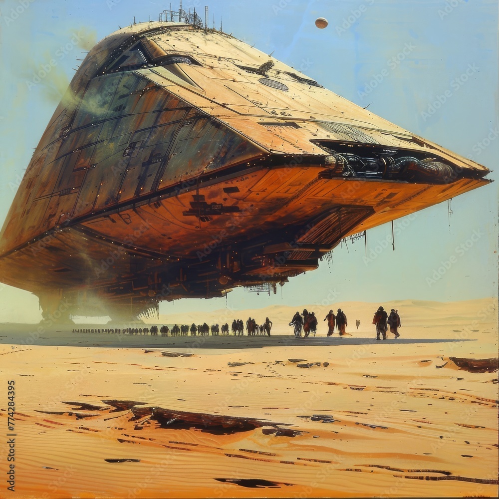 Tense portrayal of an armored squad navigating through desert dunes, a ...