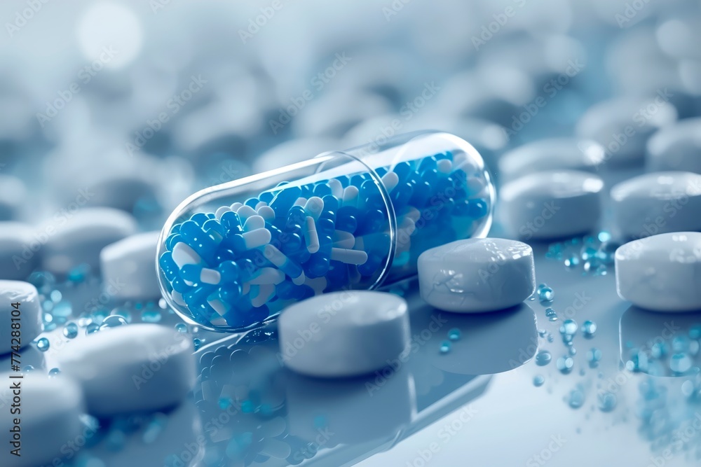 Single capsule filled with intricate blue particles stands out among ...