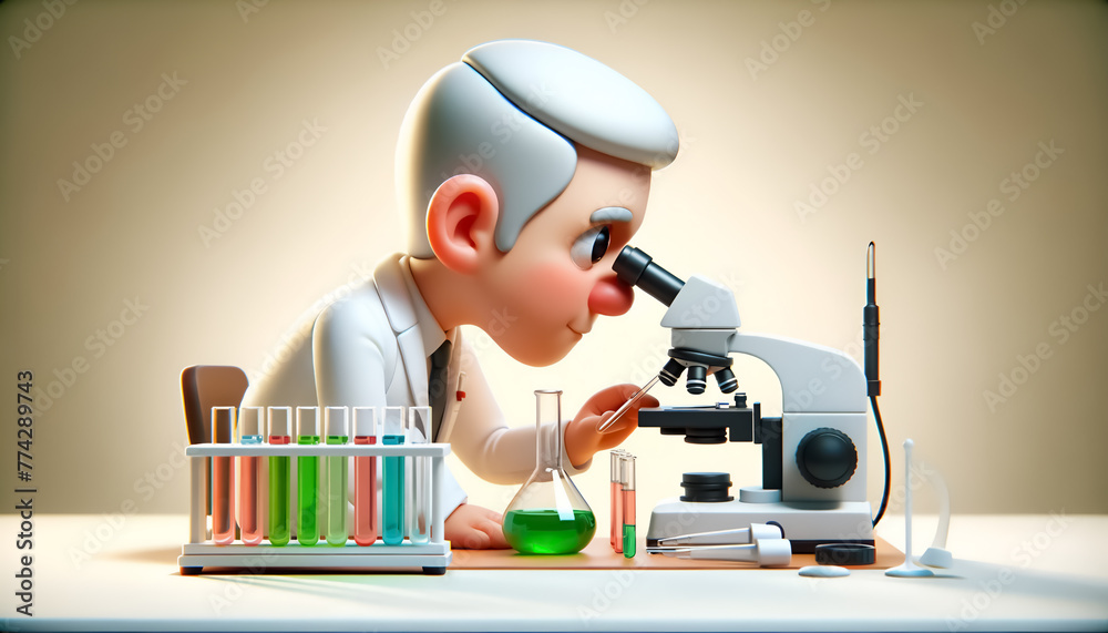 Scientist working with microscope 3D caricature, Medical chemist ...
