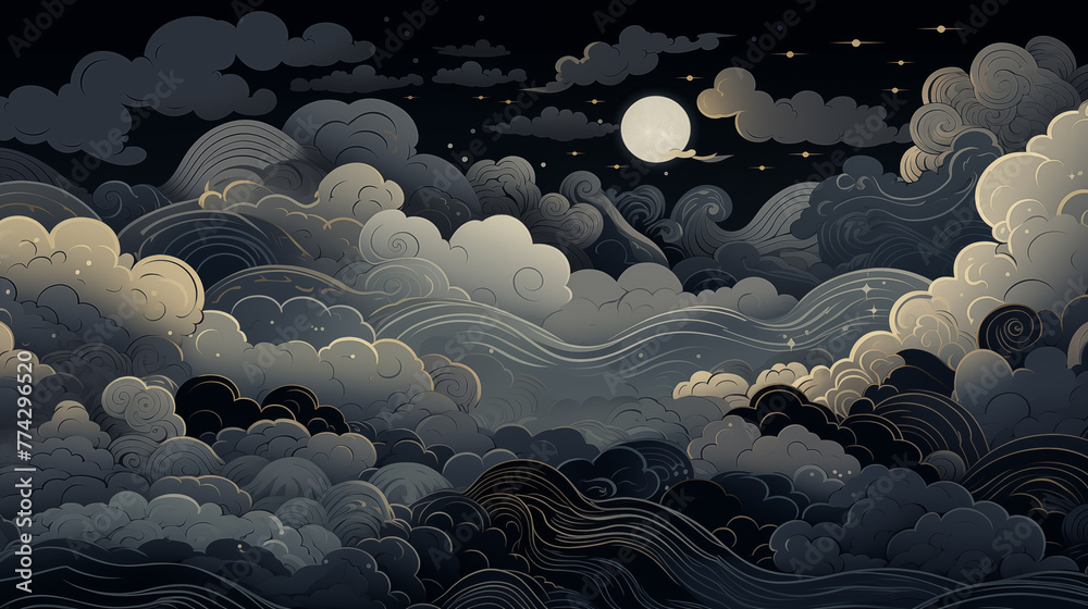 Moonlit cloudscape 2D cartoon illustration. Serene and mystical ...