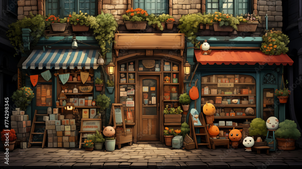 Charming street corner with whimsical store 2D cartoon illustration ...