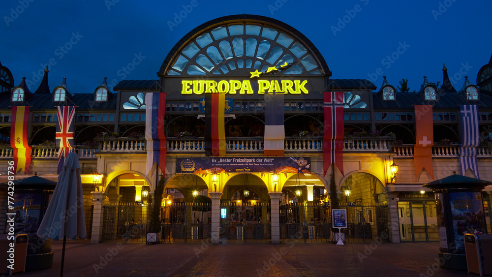 Rust, Germany - 6 July 2021: Illuminated "Europa-Park" entrance ...
