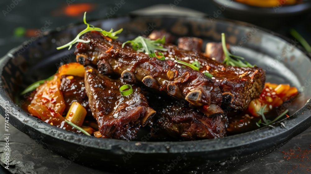 The Korean dish Kalbi is fried beef ribs with kimchi and red bean paste ...