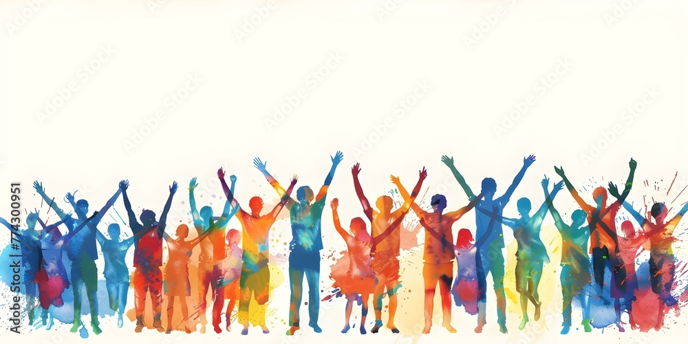 Diverse group of people with raised arms symbolizing unity teamwork and ...