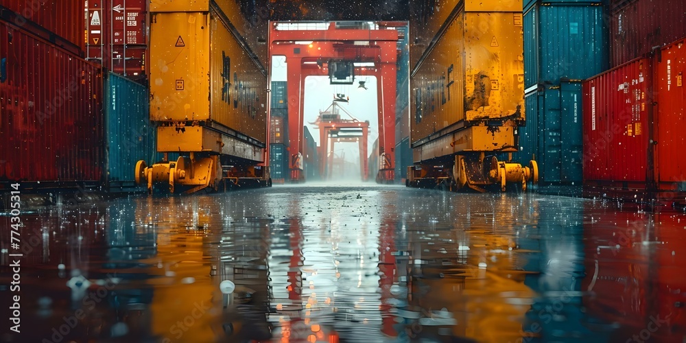 Global Economic Impact: A Flooded Shipping Port with Cargo Containers ...