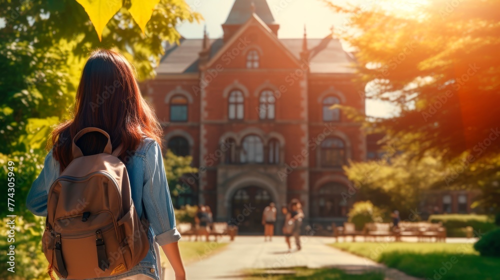 Young Asian refugee woman exploring university campus. Immigrant ...