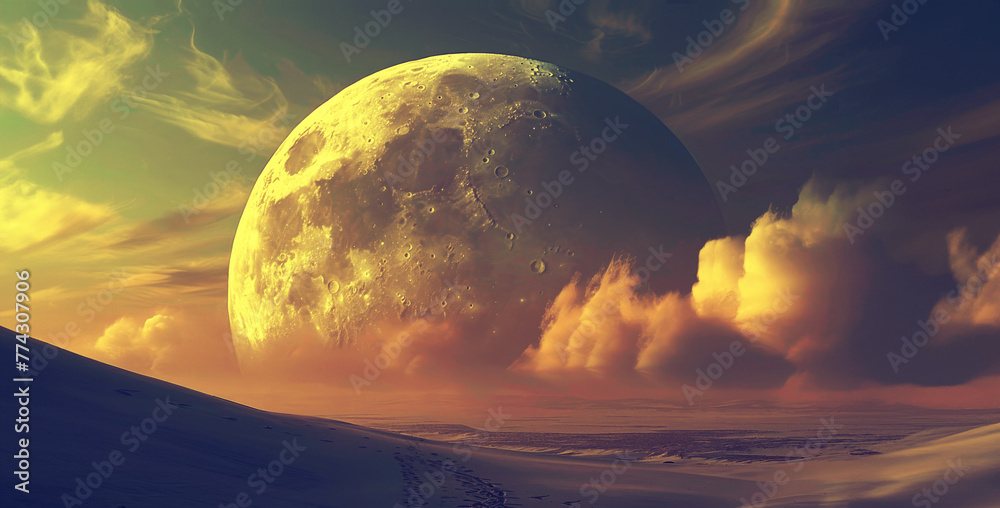 Dramatic dune futuristic sci-fi illustration: expansive desert under a ...